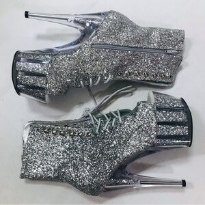Pleaser | Shoes | Nib Pleaser Adore 21 Silver Glitter Ankle Boot Heels ...